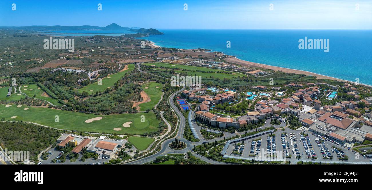 Aerial photo over the famous sandy deep turquoise and blue exotic beach ...