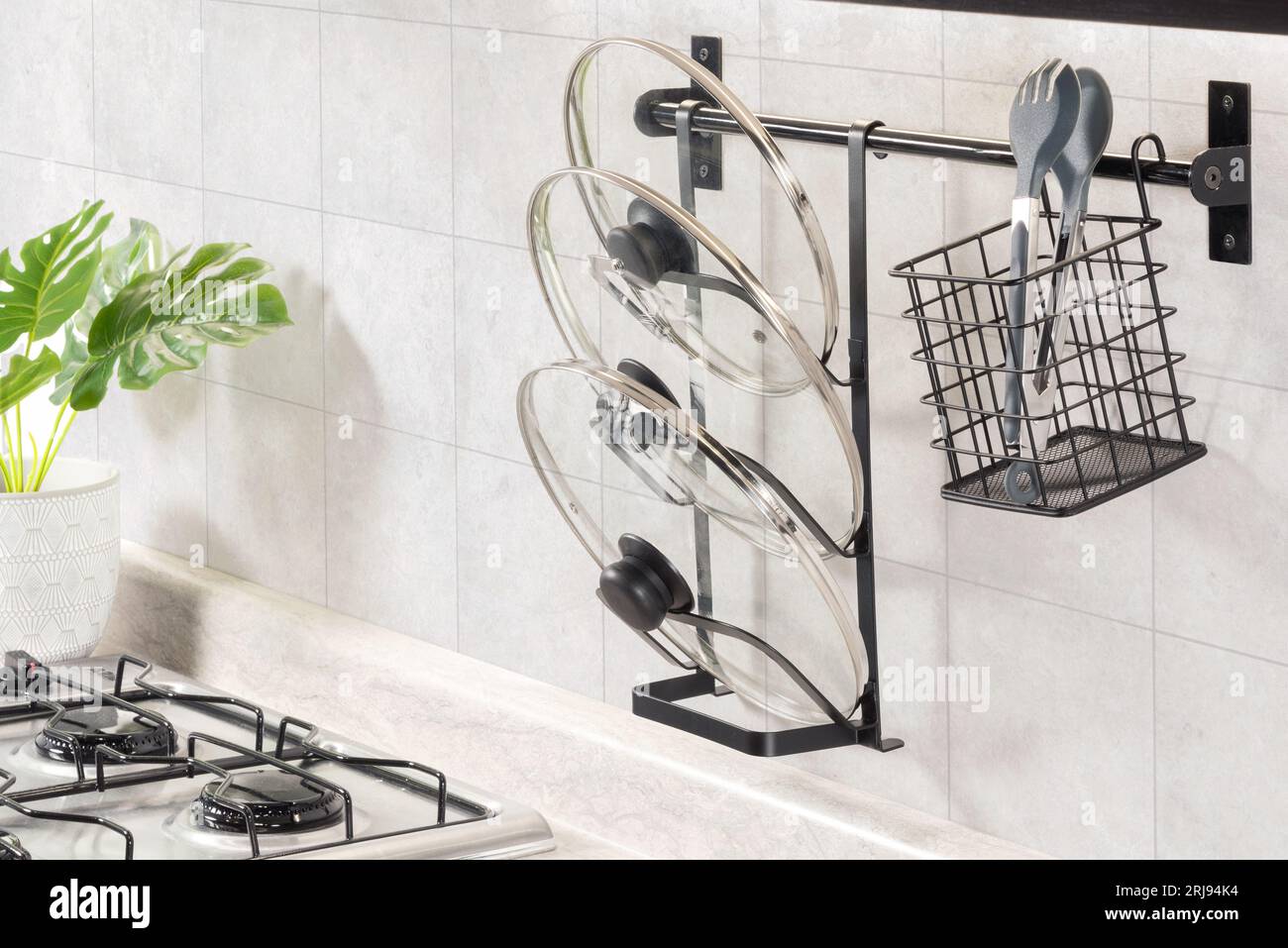 a close-up view of a kitchen counter featuring two stainless steel ...