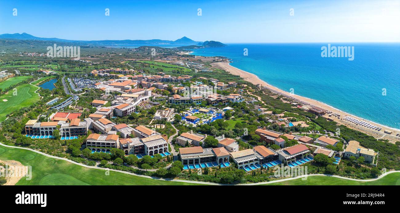 Aerial photo over the famous sandy deep turquoise and blue exotic beach ...
