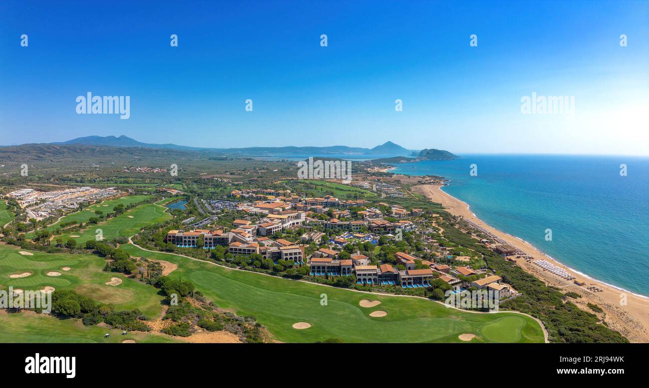 Aerial photo over the famous sandy deep turquoise and blue exotic beach ...