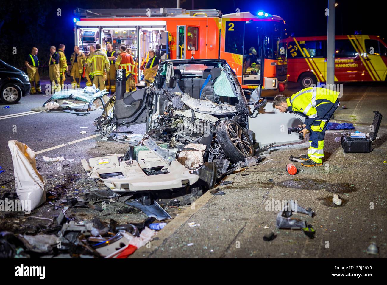 Hanover, Germany. 22nd Aug, 2023. A crashed car is standing on a road ...