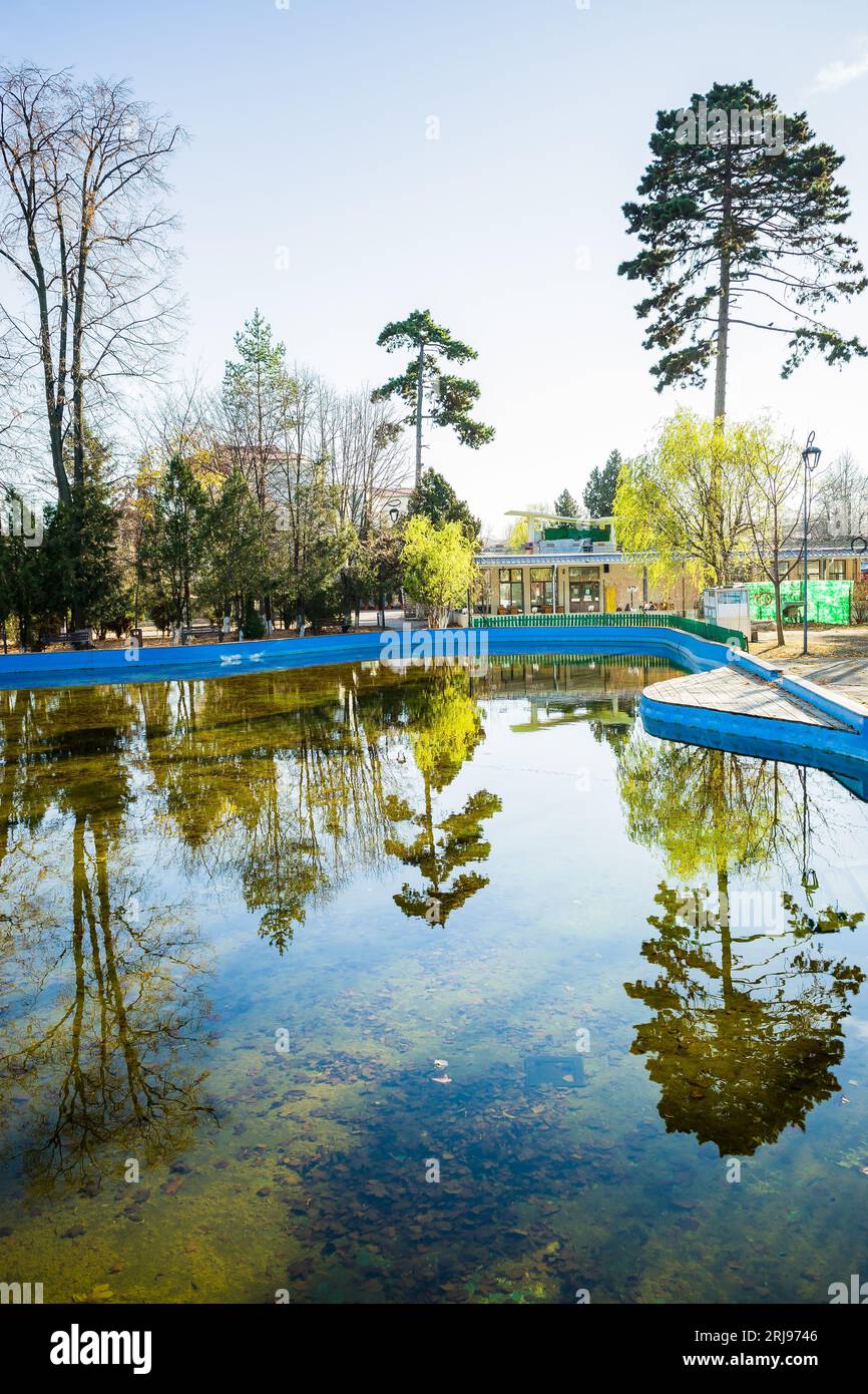 An urban park setting with an empty reflective swimming pool in the ...