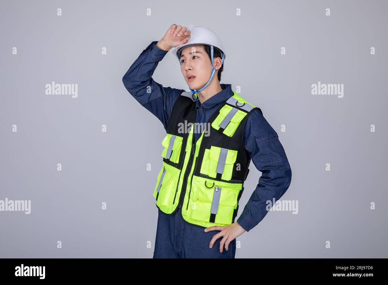 millennials and gen z, korean asian young man, site staff thinking with ...