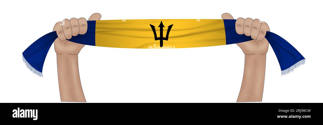3D illustration. Hand holding flag of Barbados on a fabric ribbon ...