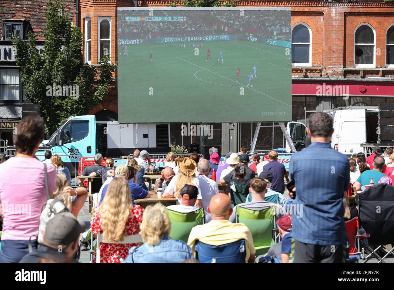Ipswich, UK. 20th Aug, 2023. England fans gather in the city centre to ...