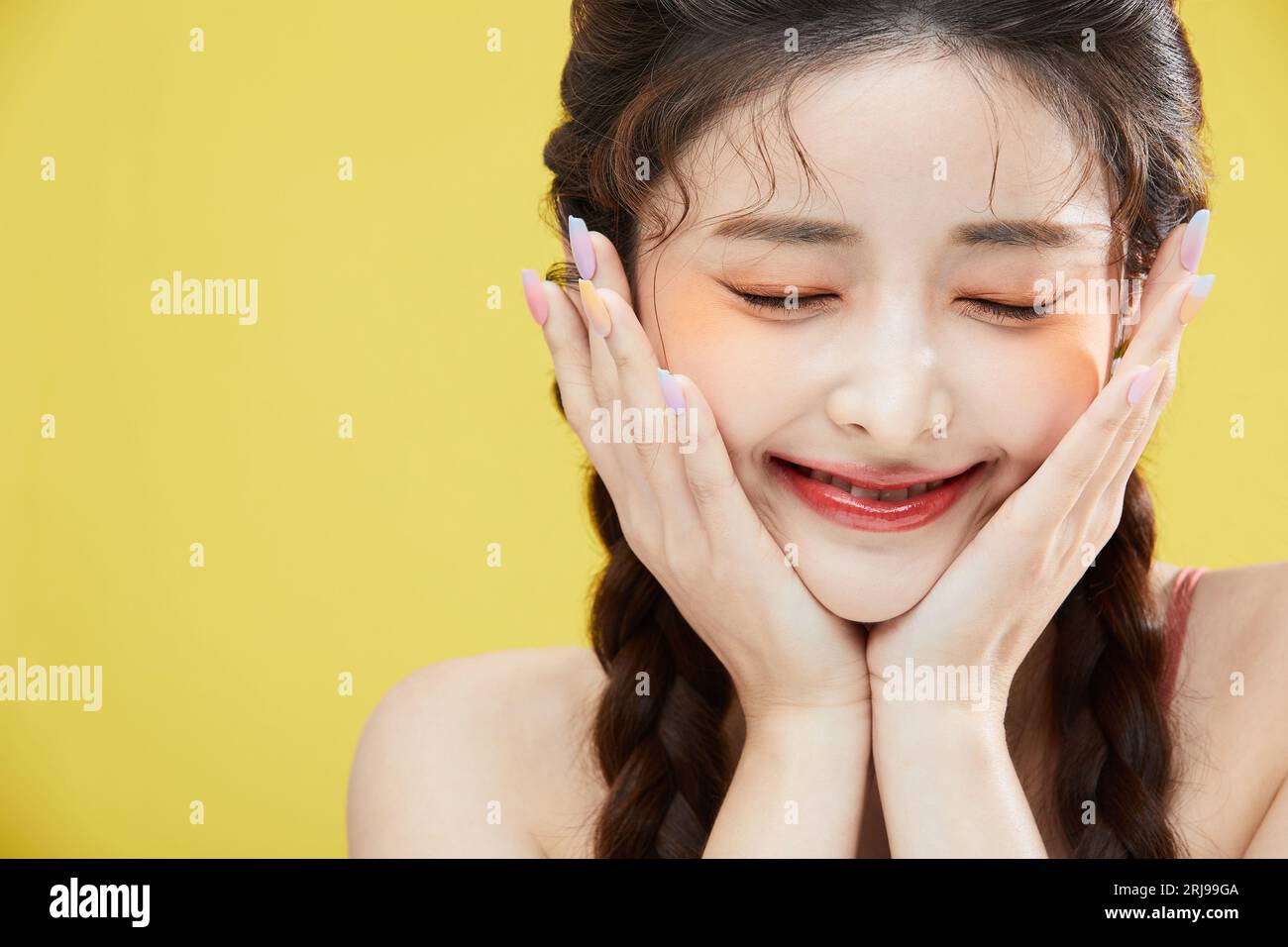 beauty concept photo of korean asain beautiful woman resting her chin ...