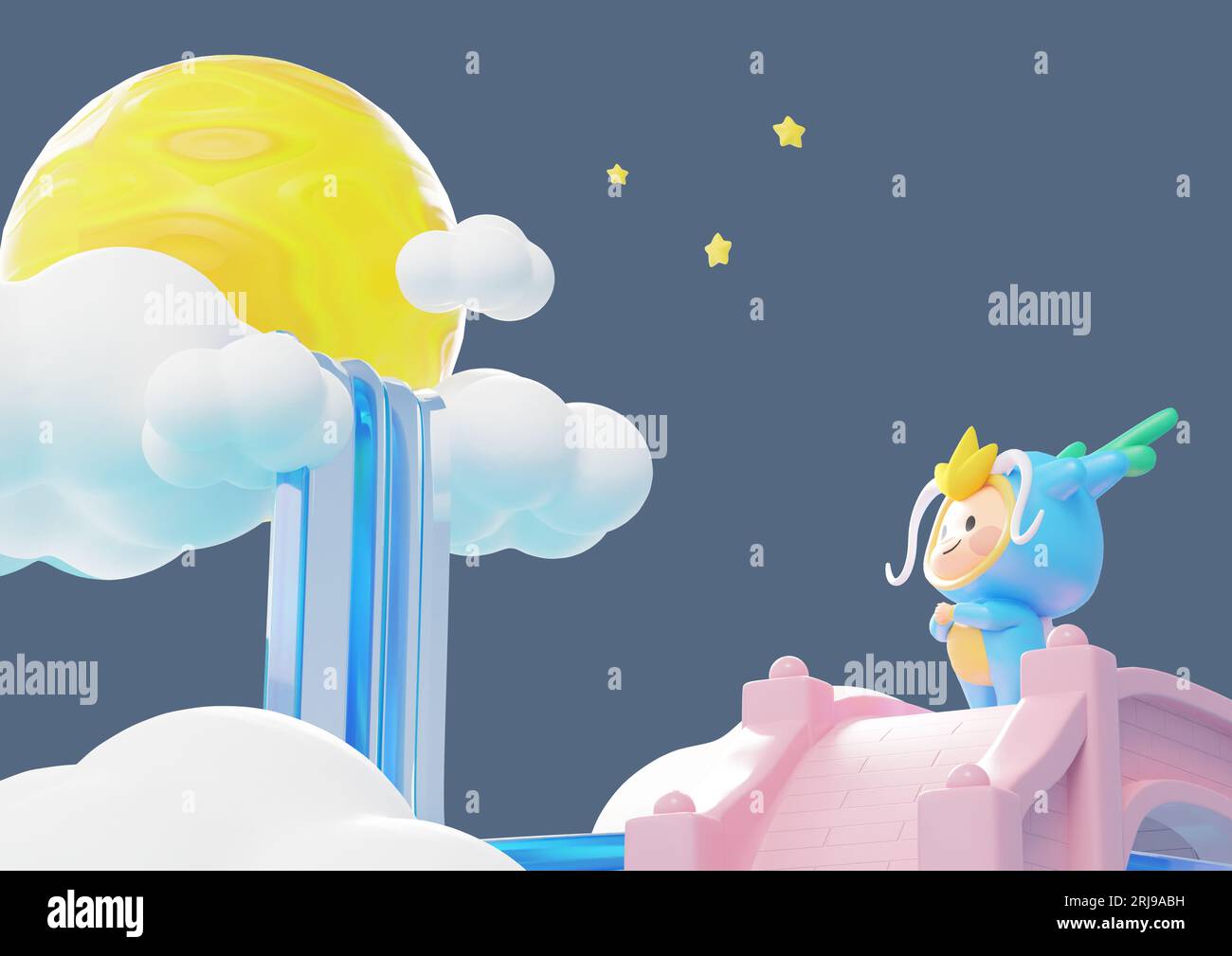 3D vector dragon character looking at a waterfall falling from the moon ...