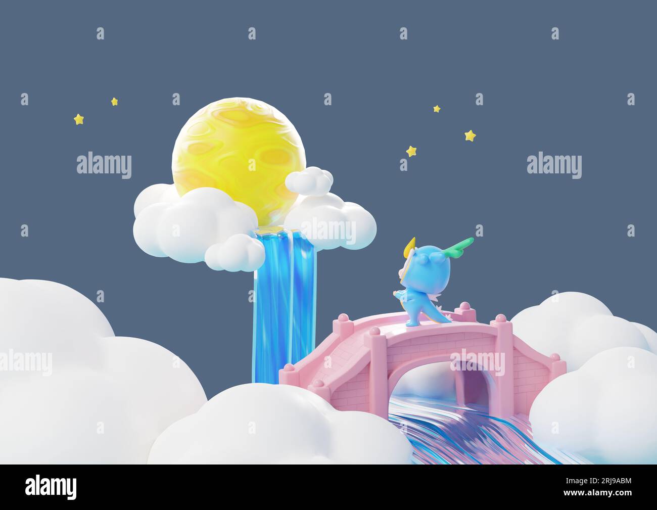 3D vector dragon character looking at a waterfall falling from the moon ...