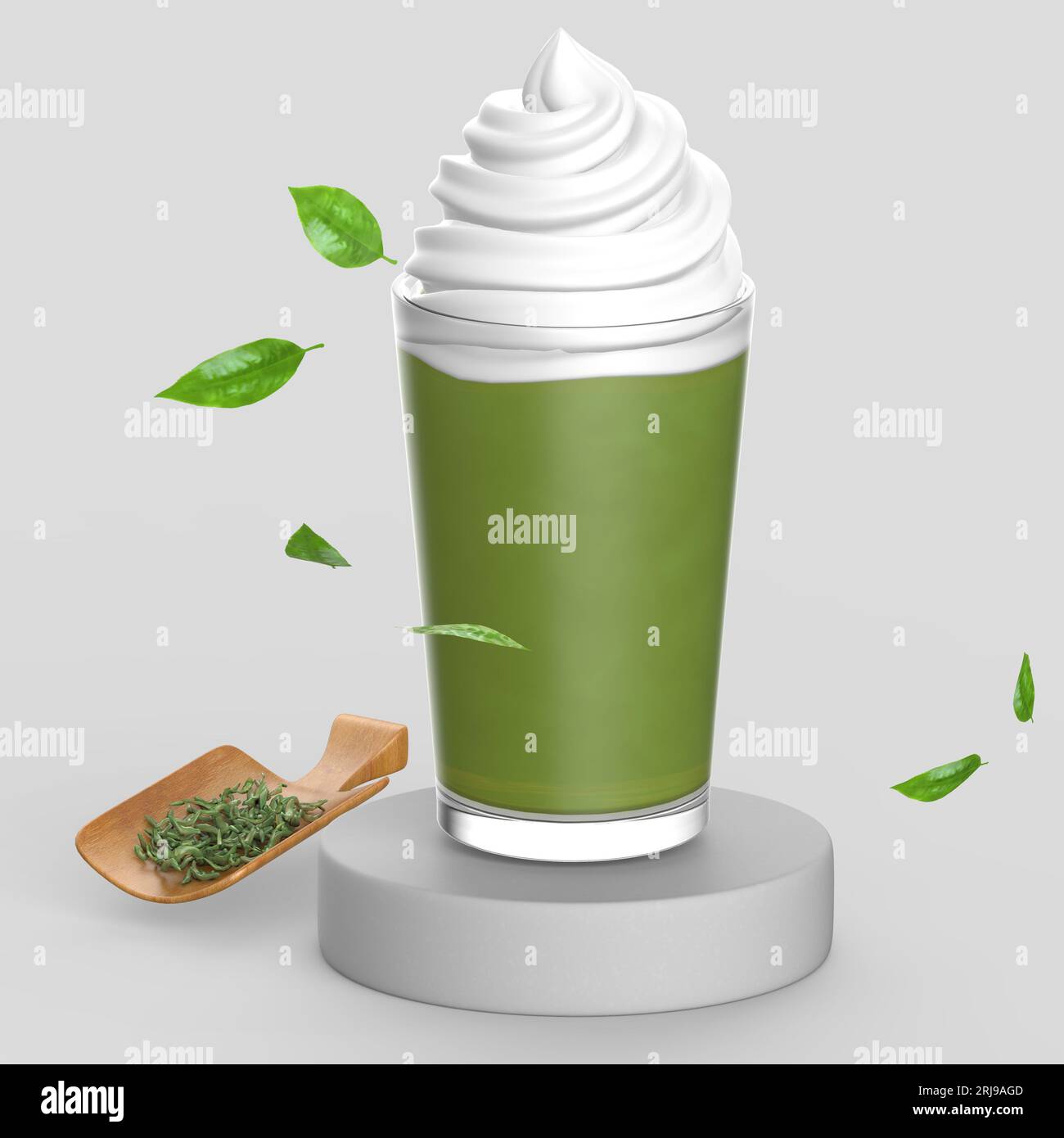3D beverage concept of matcha frappuccino with whpped cream and matcha ...