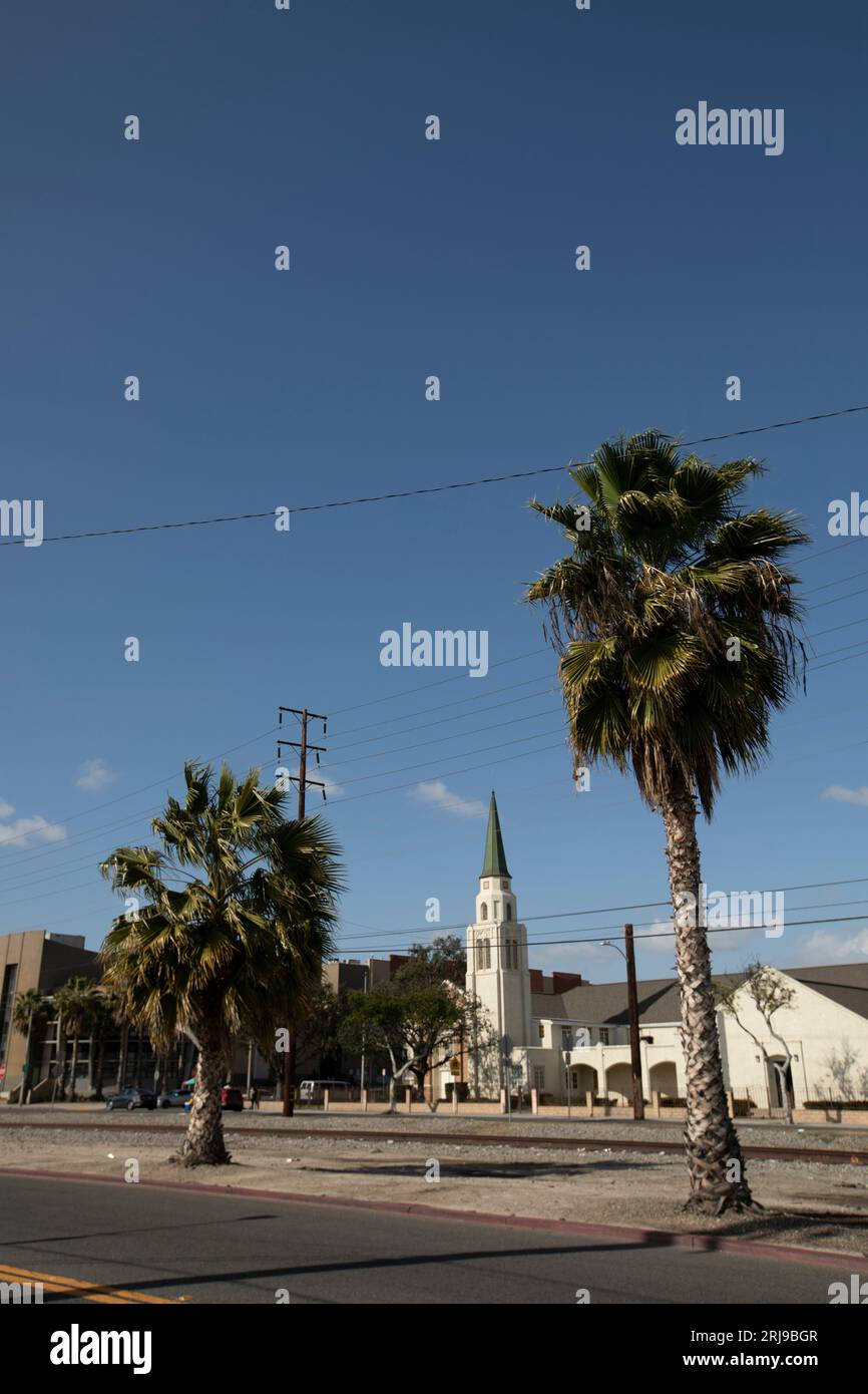 Maywood, California, USA - February 11, 2023: Afternoon sun shines on ...