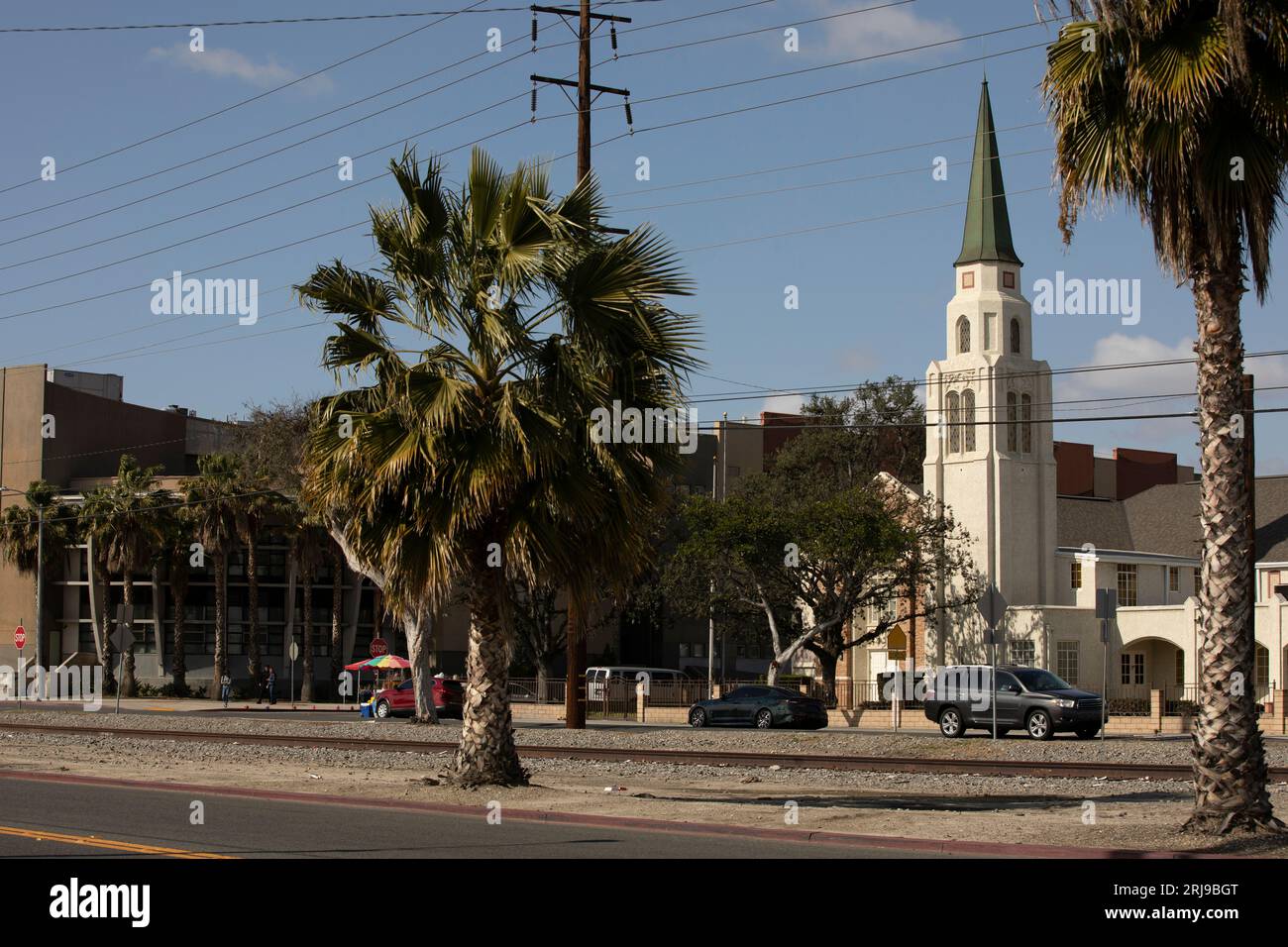 Maywood, California, USA - February 11, 2023: Afternoon sun shines on ...