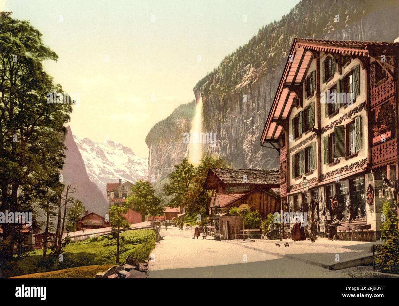 Lauterbrunnen Valley street view and Staubbach Falls, Bernese Alps ...