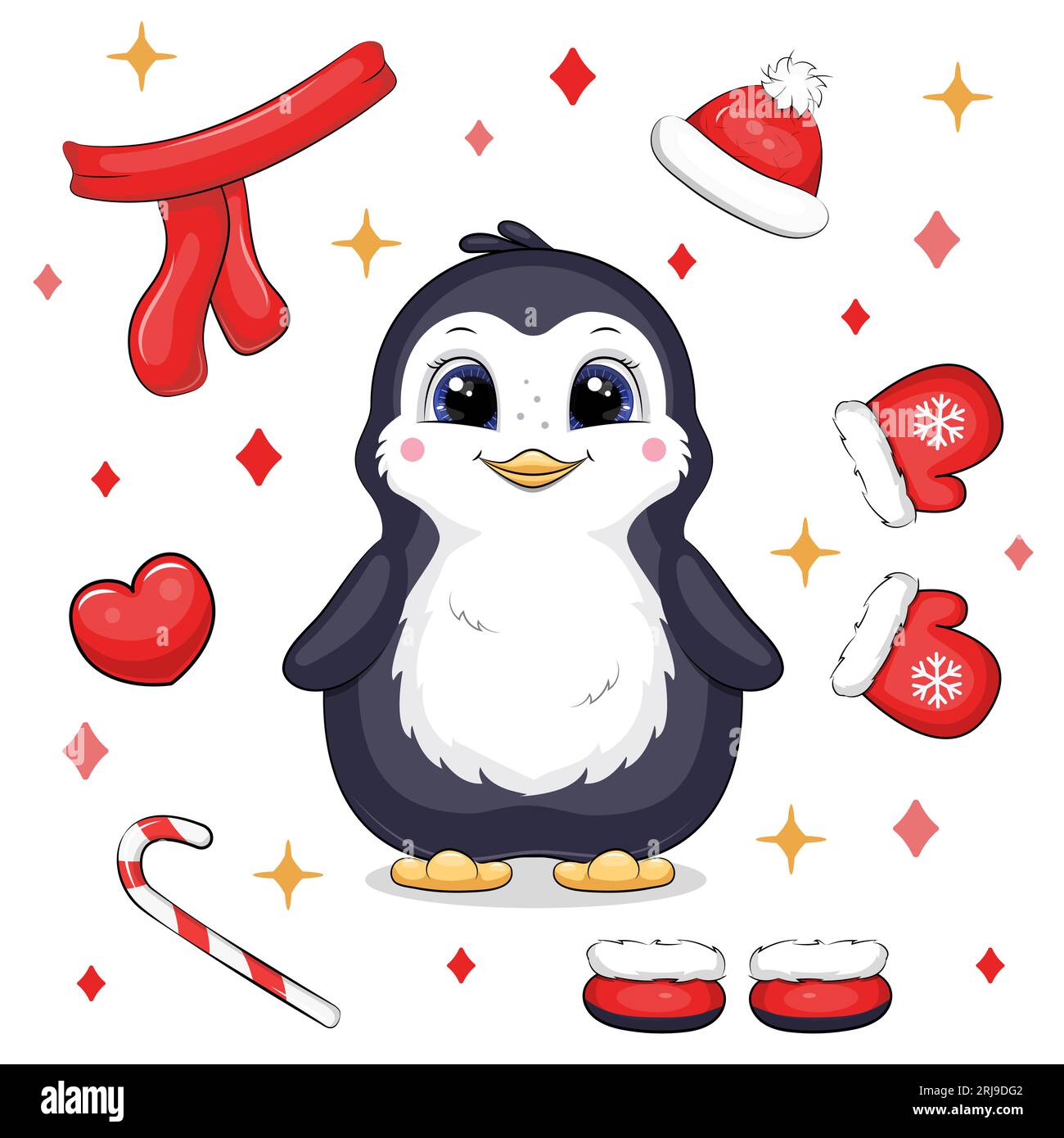 Cute cartoon penguin with winter clothes. Christmas vector illustration ...