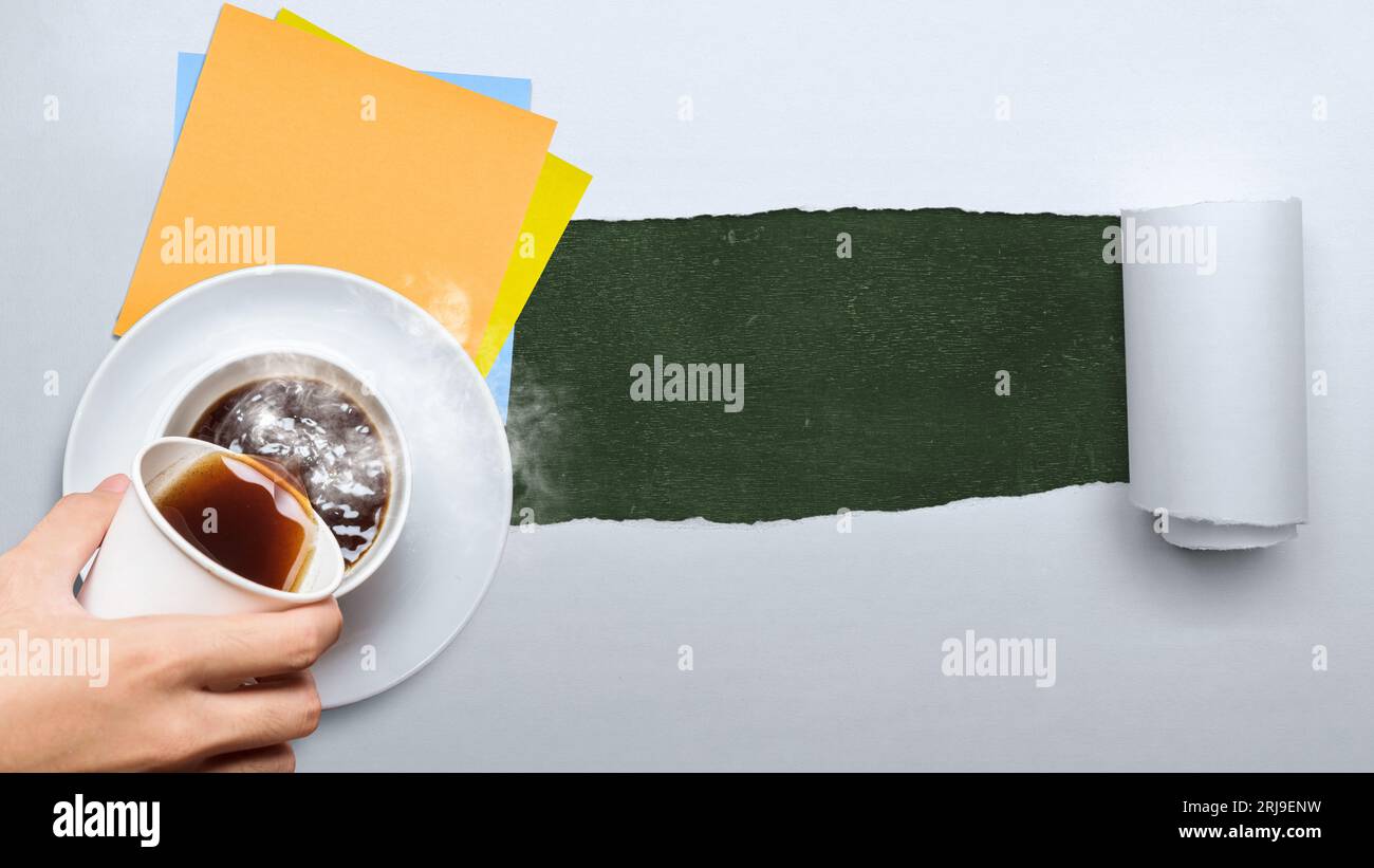 A human hand pouring a coffee with empty paper on torn paper background ...