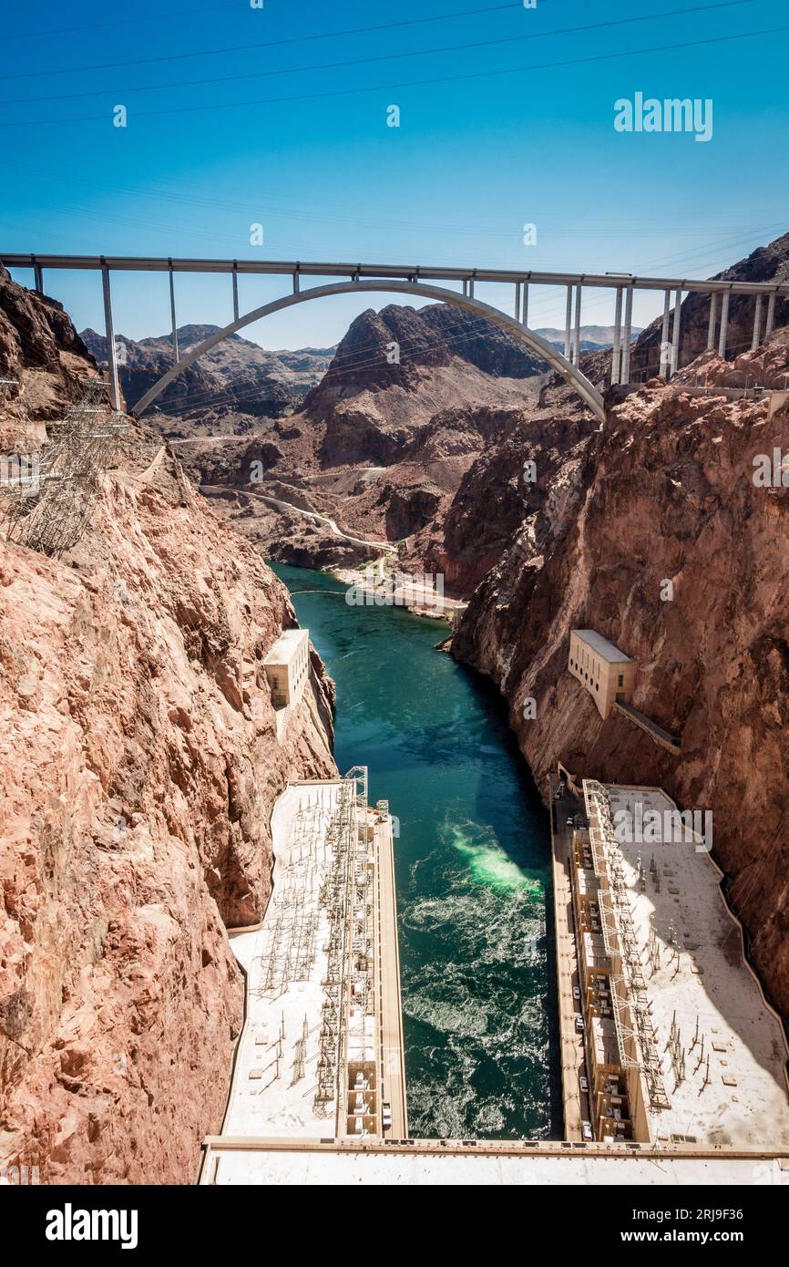 View of Hoover Dam and the bypass bridge Stock Photo - Alamy