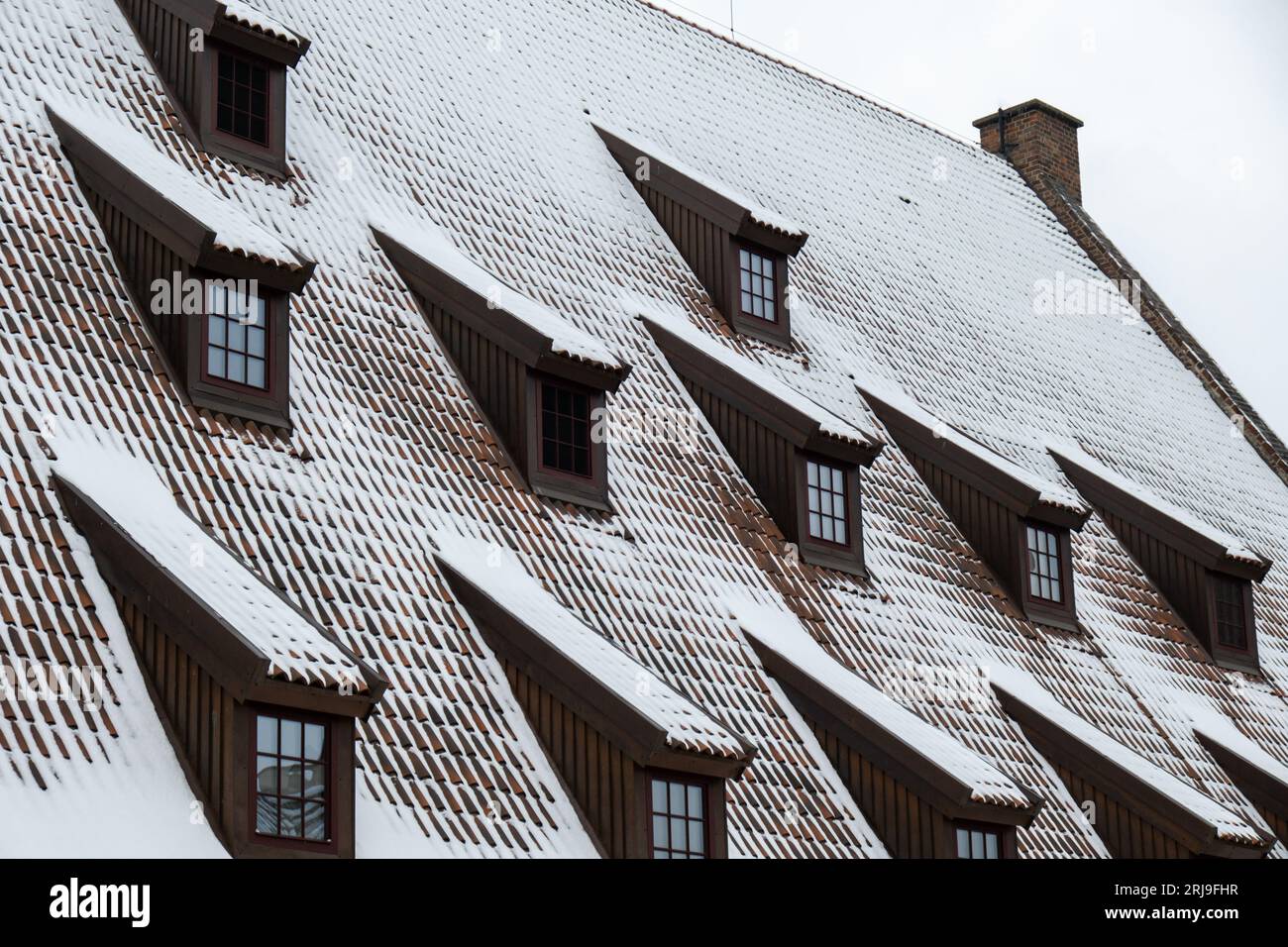 Snow falling on the roofs of the city. Snow-covered brown metal tiles ...