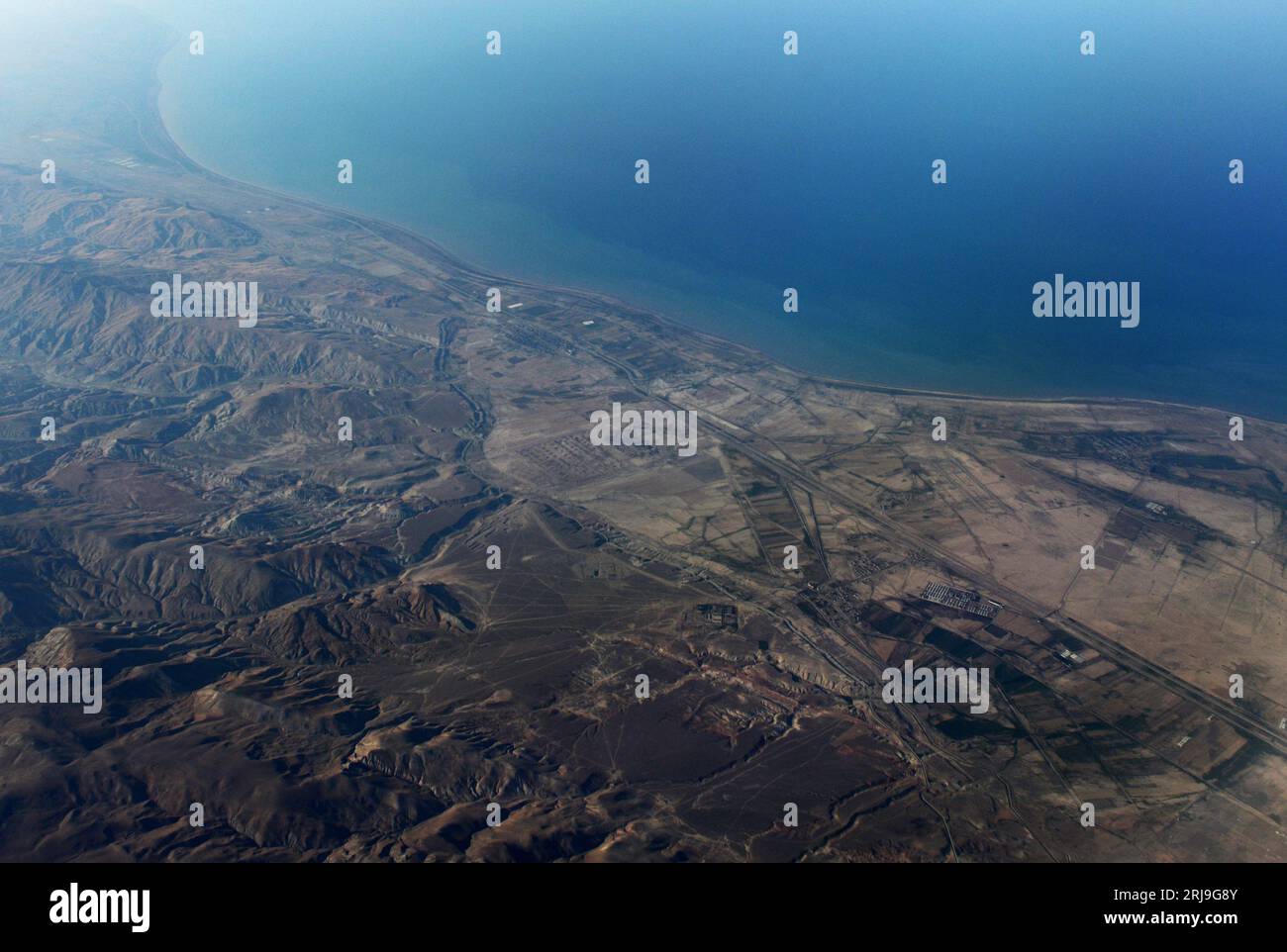 Aerial view of the Caspian coast between Yasma to Gilazi in Azerbaijan ...