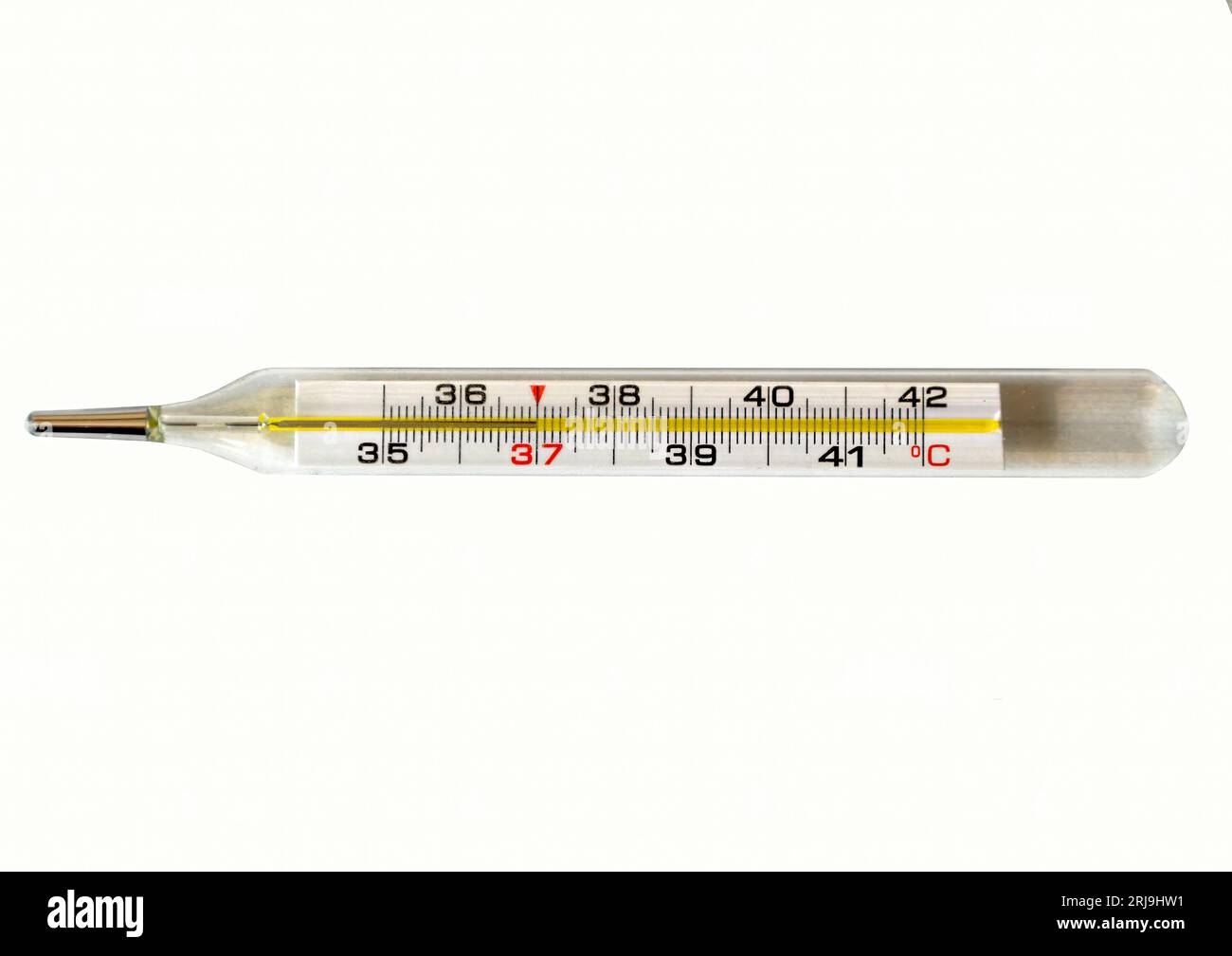 Medical clinical body thermometer with temperature 37 isolated on white ...