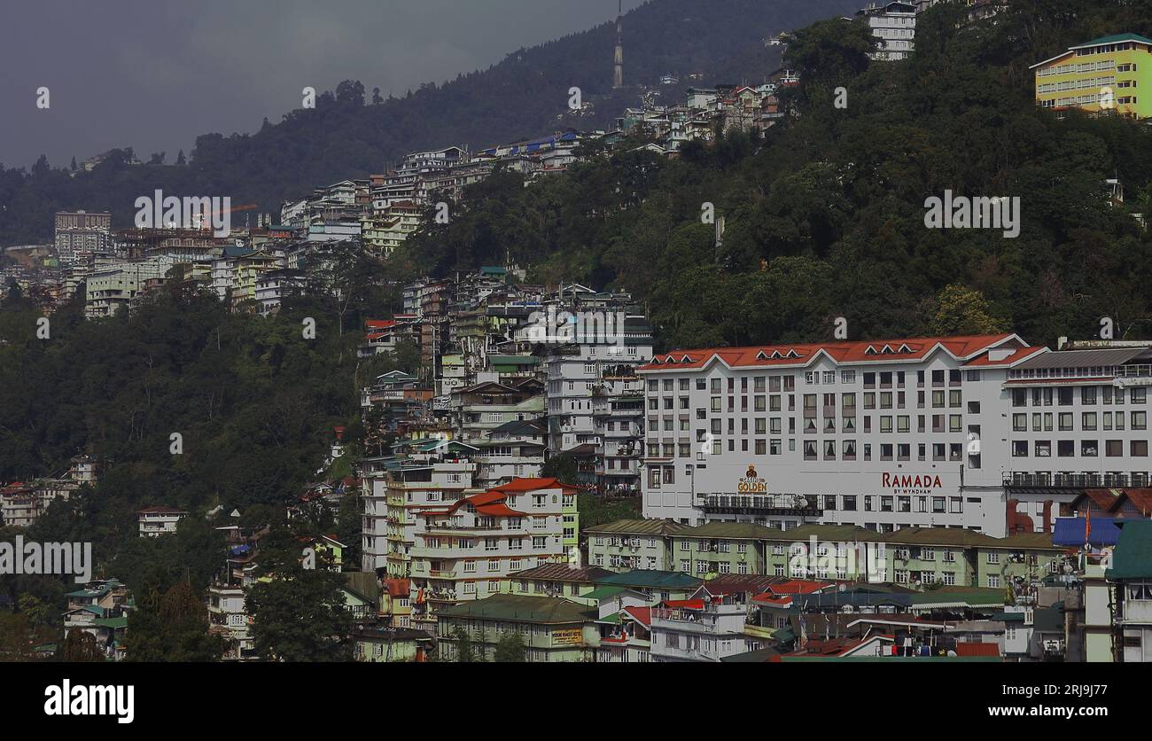 aerial view of beautiful cityscape of gangtok hill station, located on ...