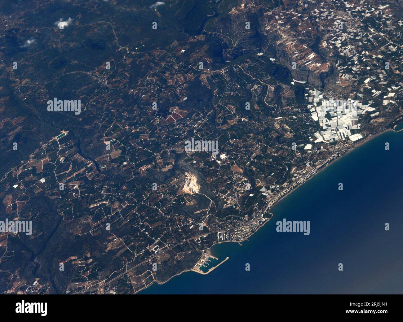 Aerial view of the Mediterranean coastline in the Akdeniz area in ...