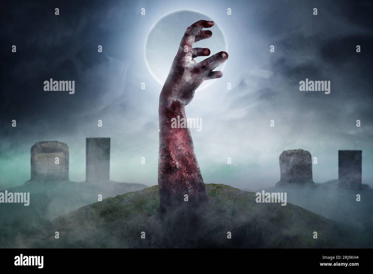Zombie's hand with wounds rises up on the graveyard with full moon ...