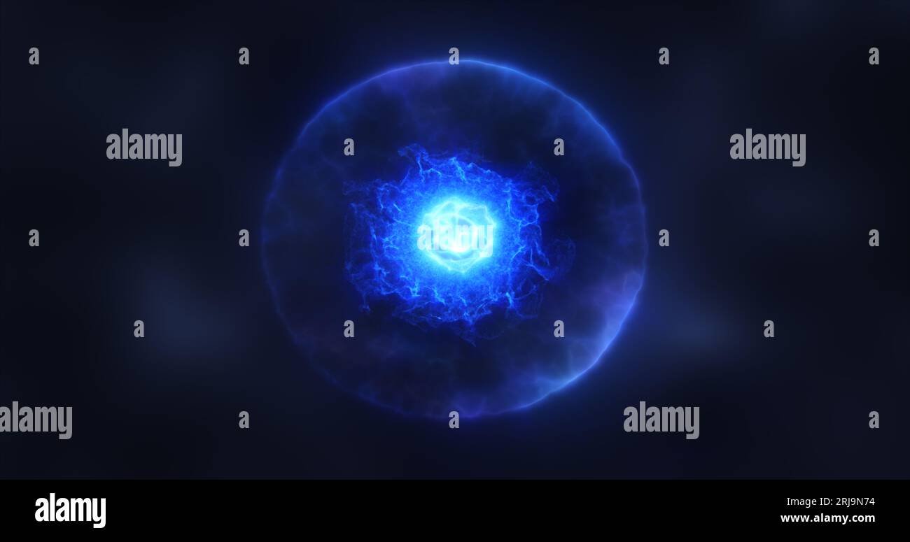 Abstract sphere atom with electrons flying glowing bright particles and ...