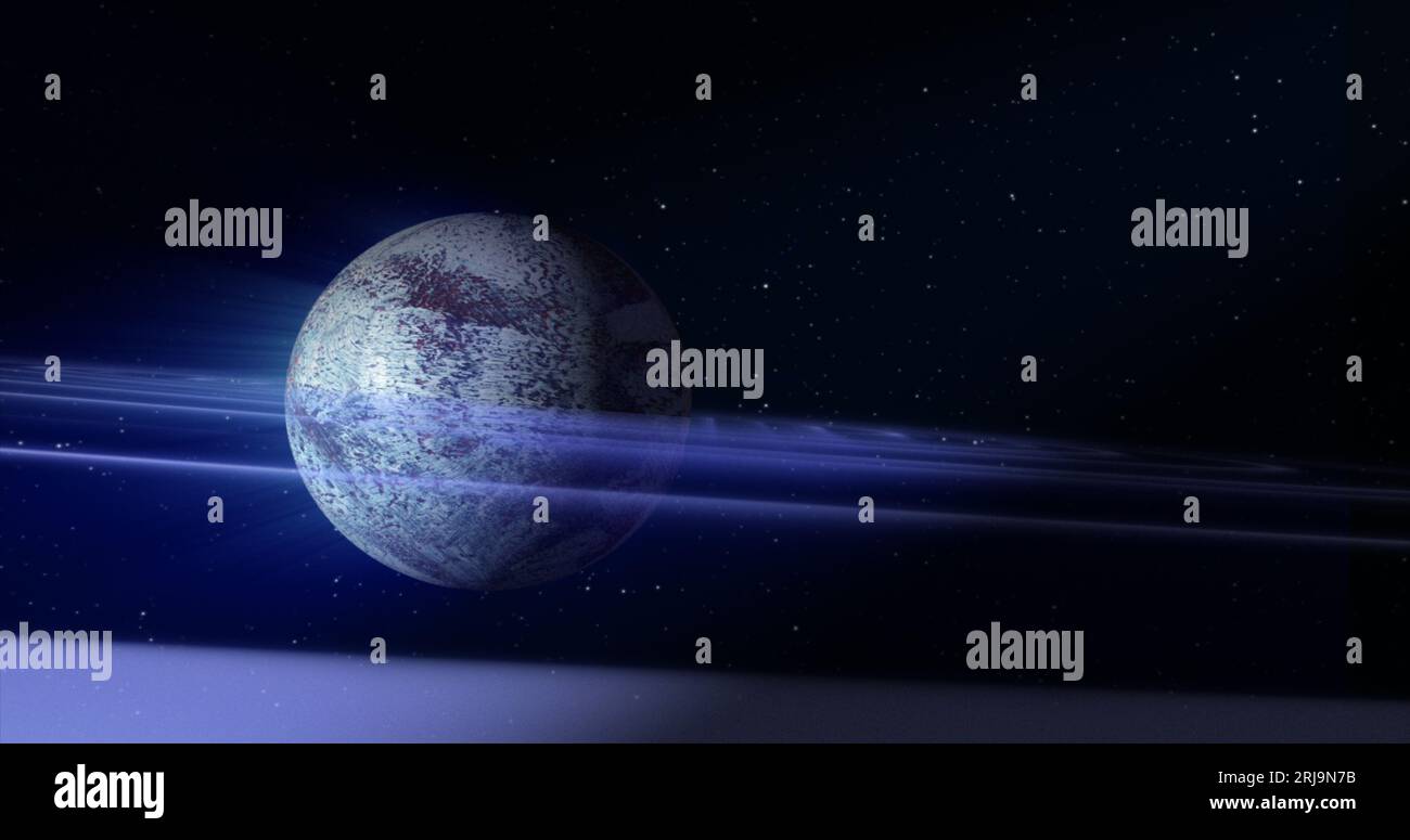 Abstract blue space planet with a round asteroid belt ring futuristic ...