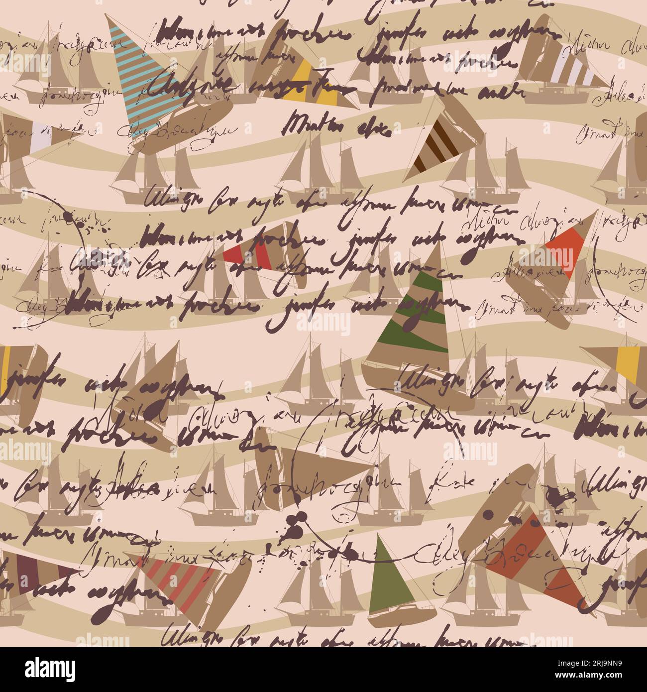 Sailboat seamless pattern, unreadable text, handwritten notes, palm ...