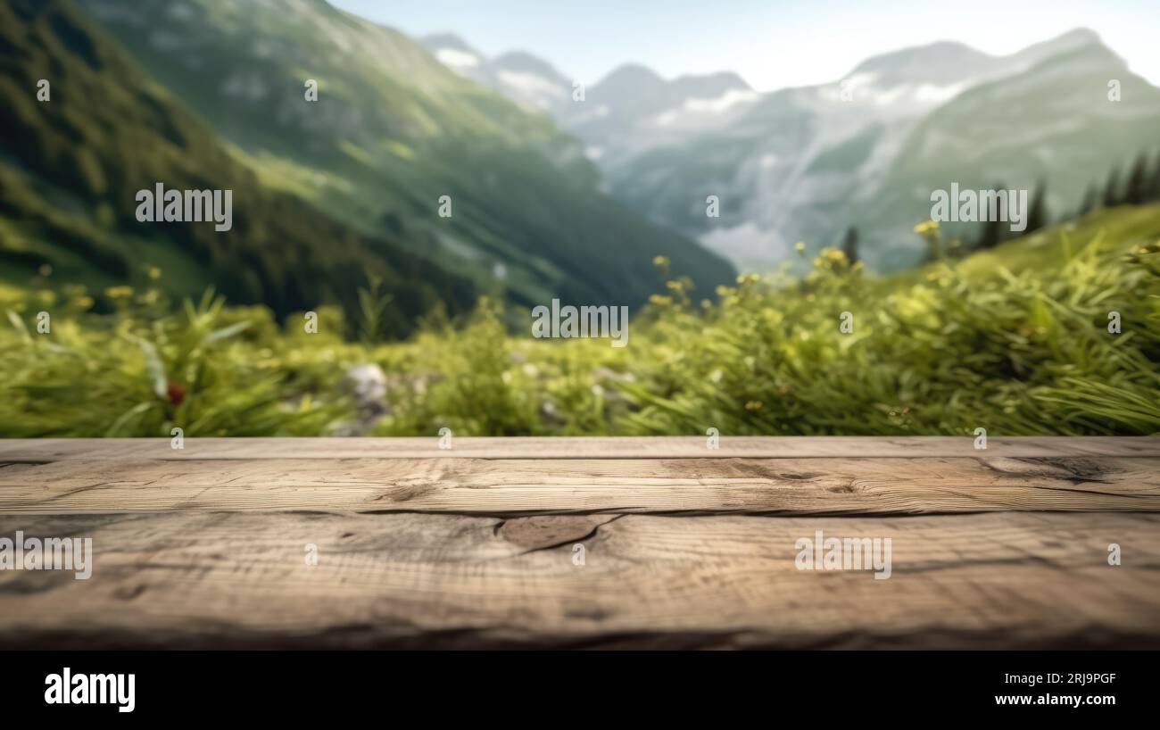 The empty wooden brown table top with blur background of trekking path ...
