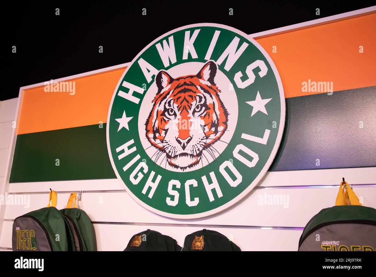 Milan , Italy - 08 17 2023 : Hawkins high school tiger University text ...
