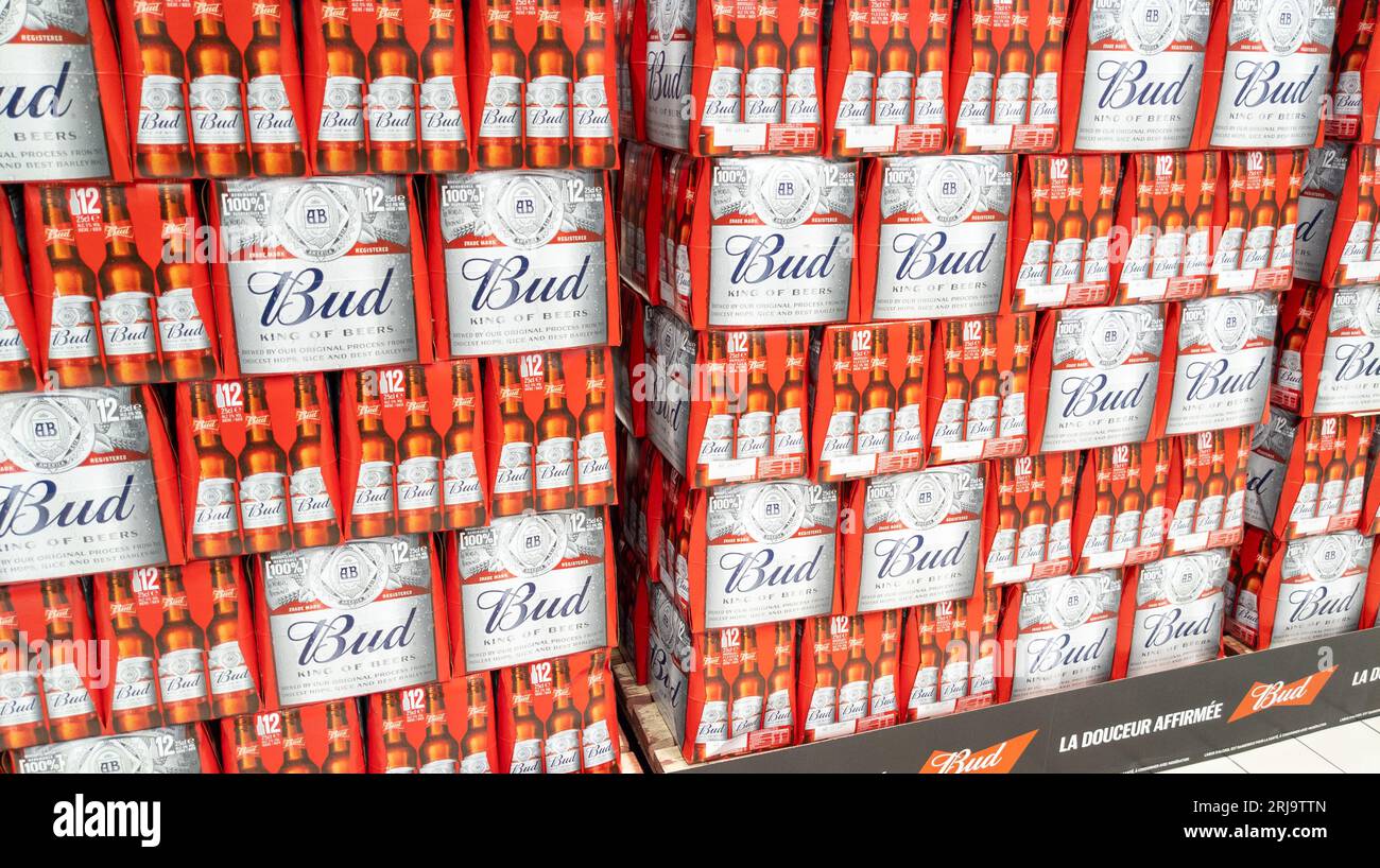 Bordeaux , France - 08 18 2023 : bud logo sign and brand text on pack ...