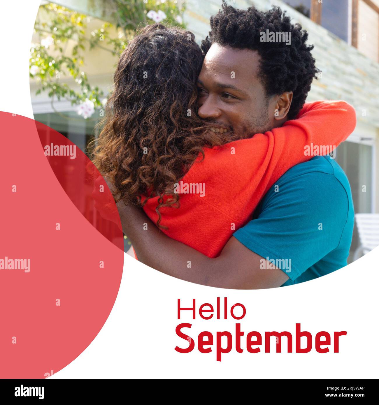 Composite of hello september text over biracial couple embracing Stock ...