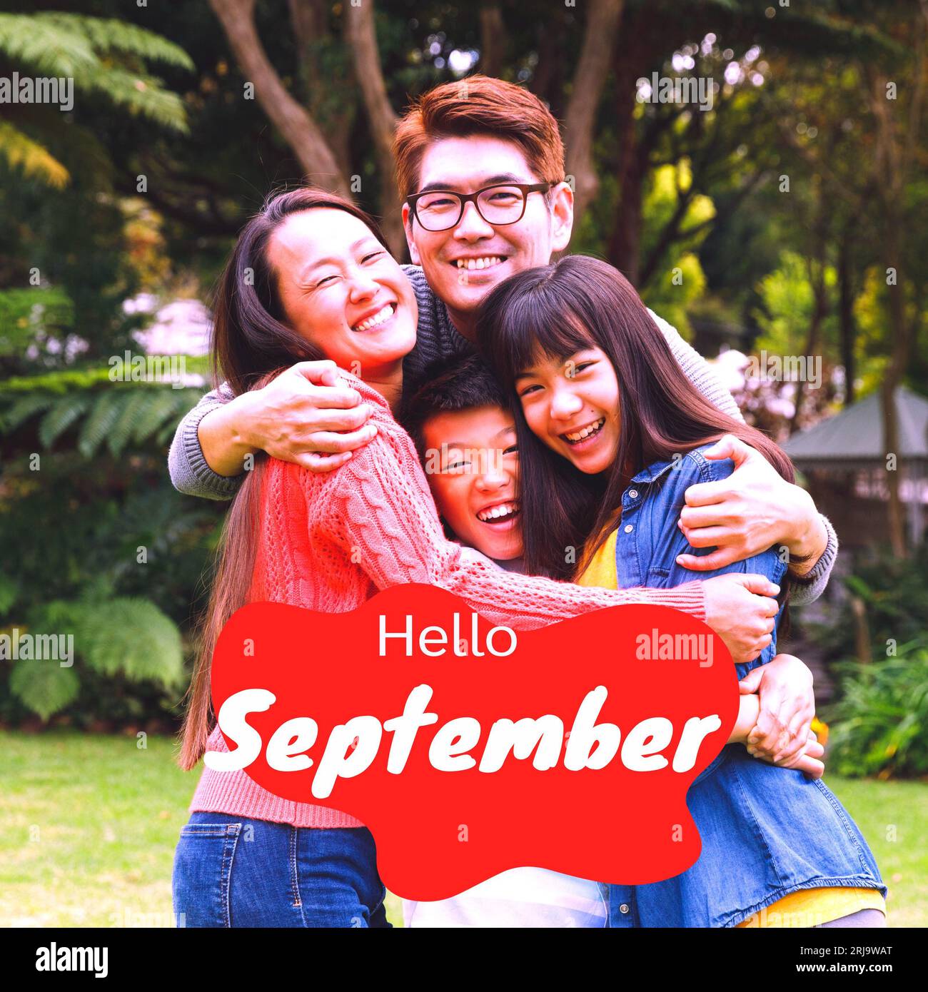 Composite of hello september text over asian couple with daughter and ...