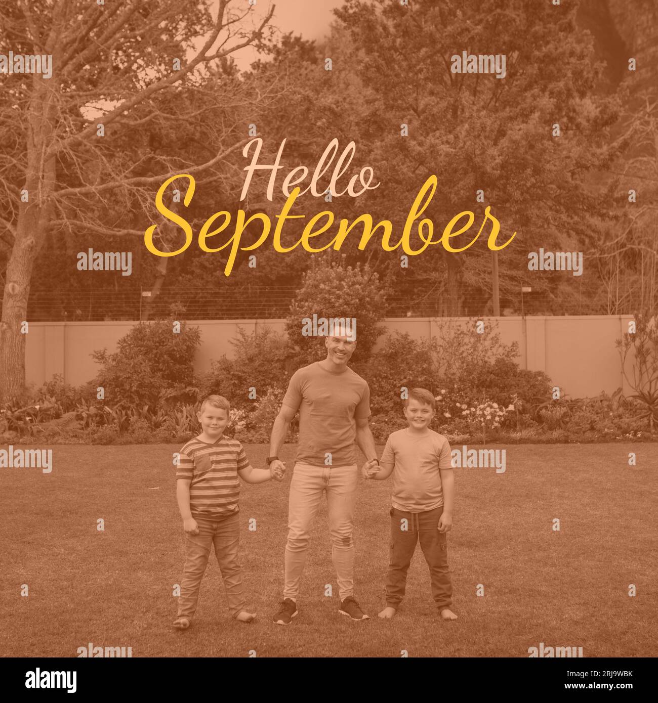 Composite of hello september text over caucasian father with sons in ...