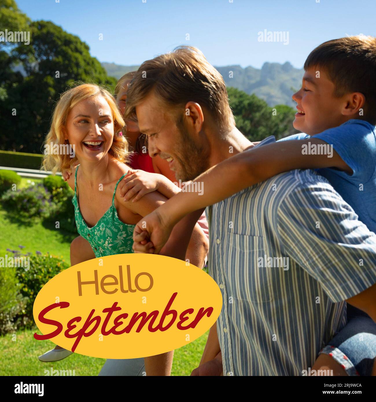Composite of hello september text over caucasian couple with son and ...