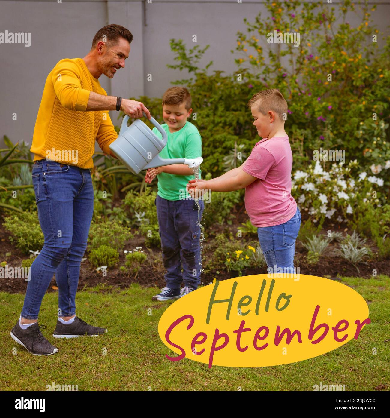 Composite of hello september text over caucasian father with sons in ...
