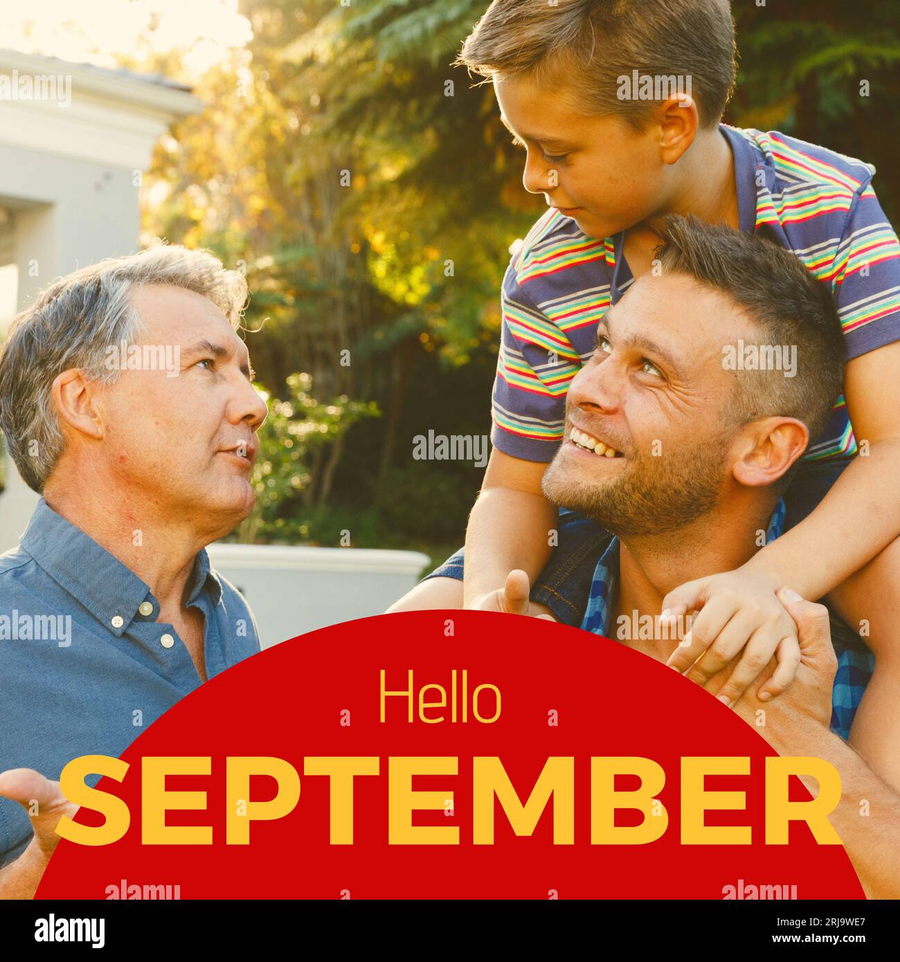 Composite of hello september text over caucasian father, son and ...