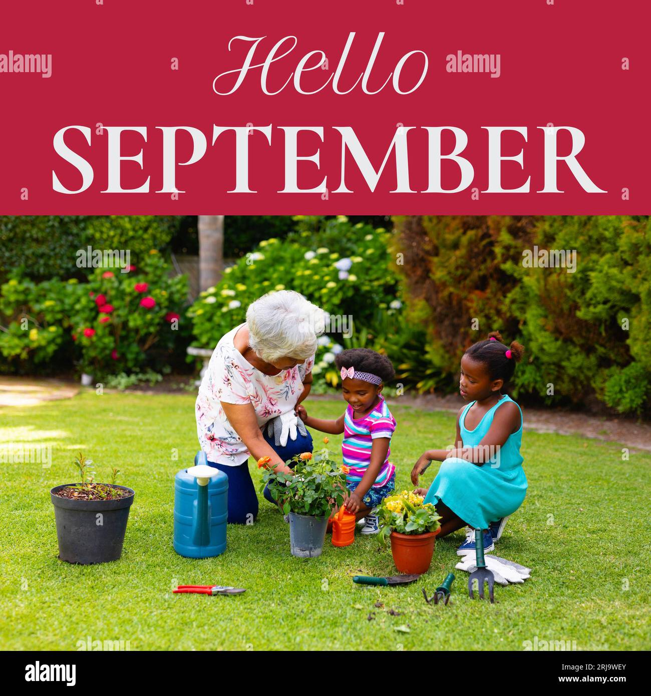 Composite of hello september text over african american grandmother and ...