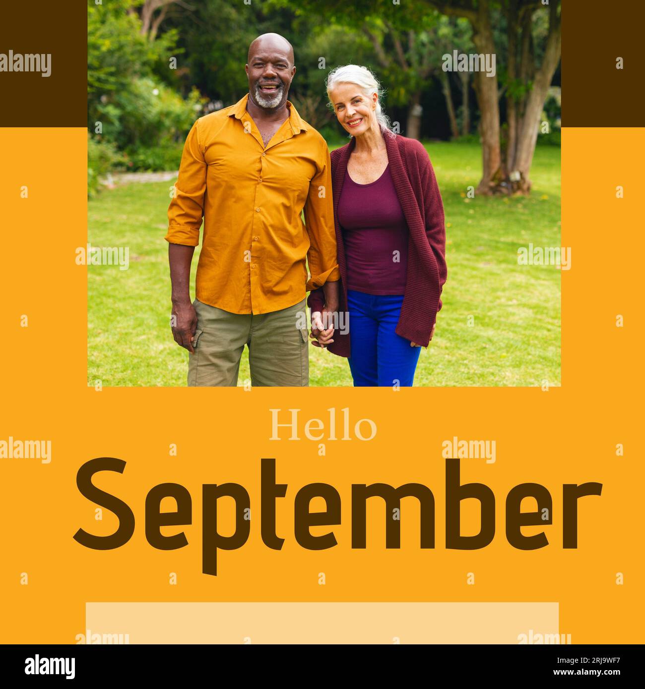 Composite of hello september text over senior biracial couple in garden ...
