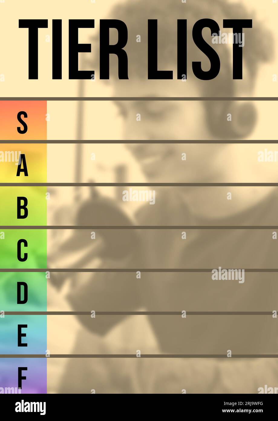 Composite of tier list text over smiling biracial man with headphones ...