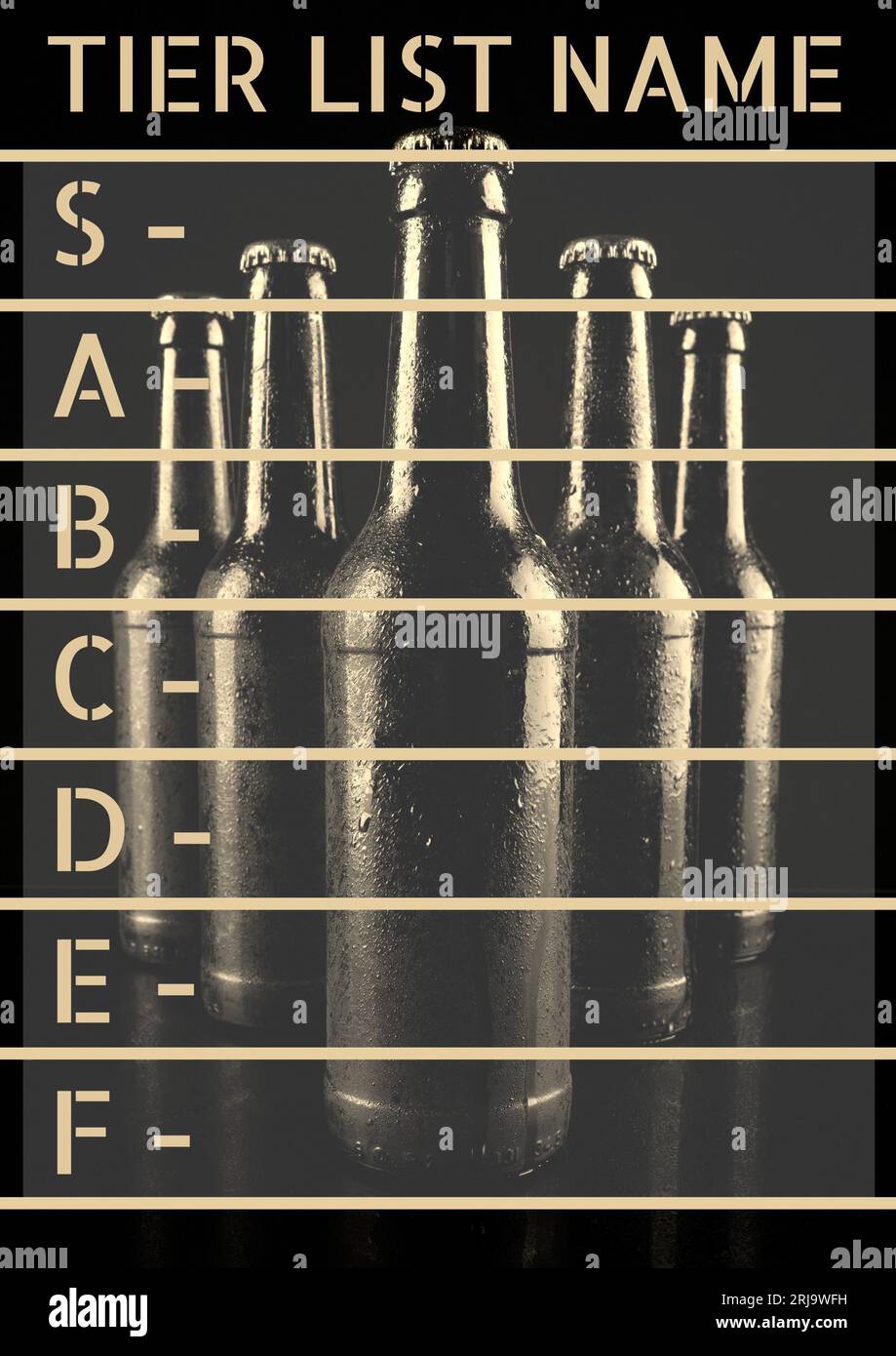 Composite of tier list text over bottles on black background Stock ...
