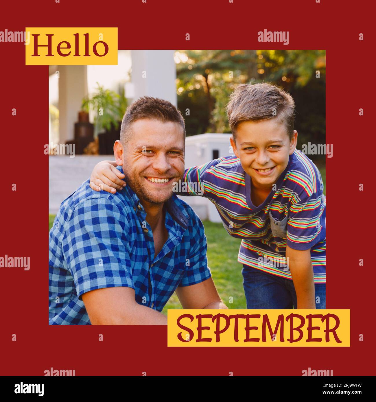 Composite of hello september text over caucasian father and son in ...