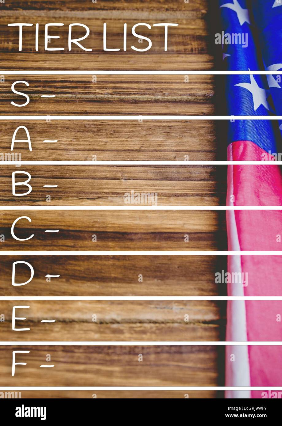 Composite of tier list text over flag of usa and wooden background ...