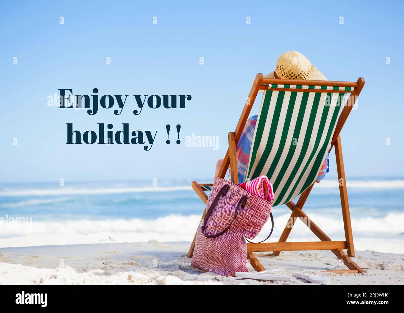 Composite of enjoy your holiday text over woman in hat sitting on ...