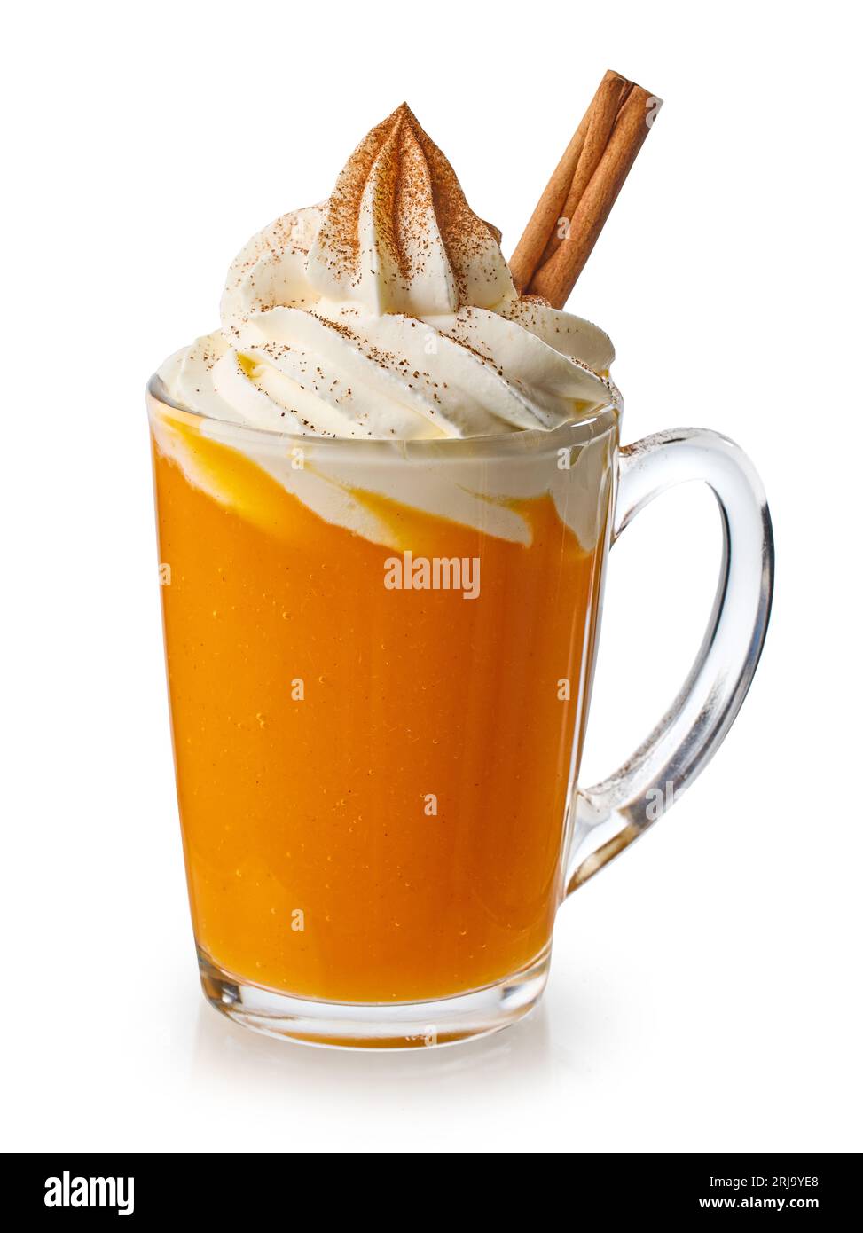 cup of orange pumpkin cinnamon smoothie decorated with whipped cream isolated on white ...