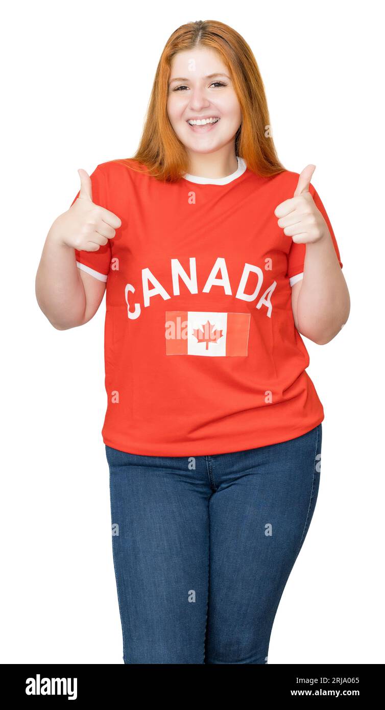 Laughing fan of canadian national team isolated on white background for ...