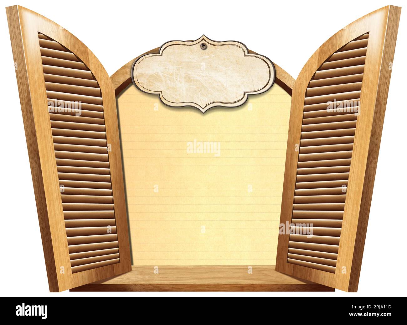Brown wooden window with open shutters and wooden sill, blank sheet of ...