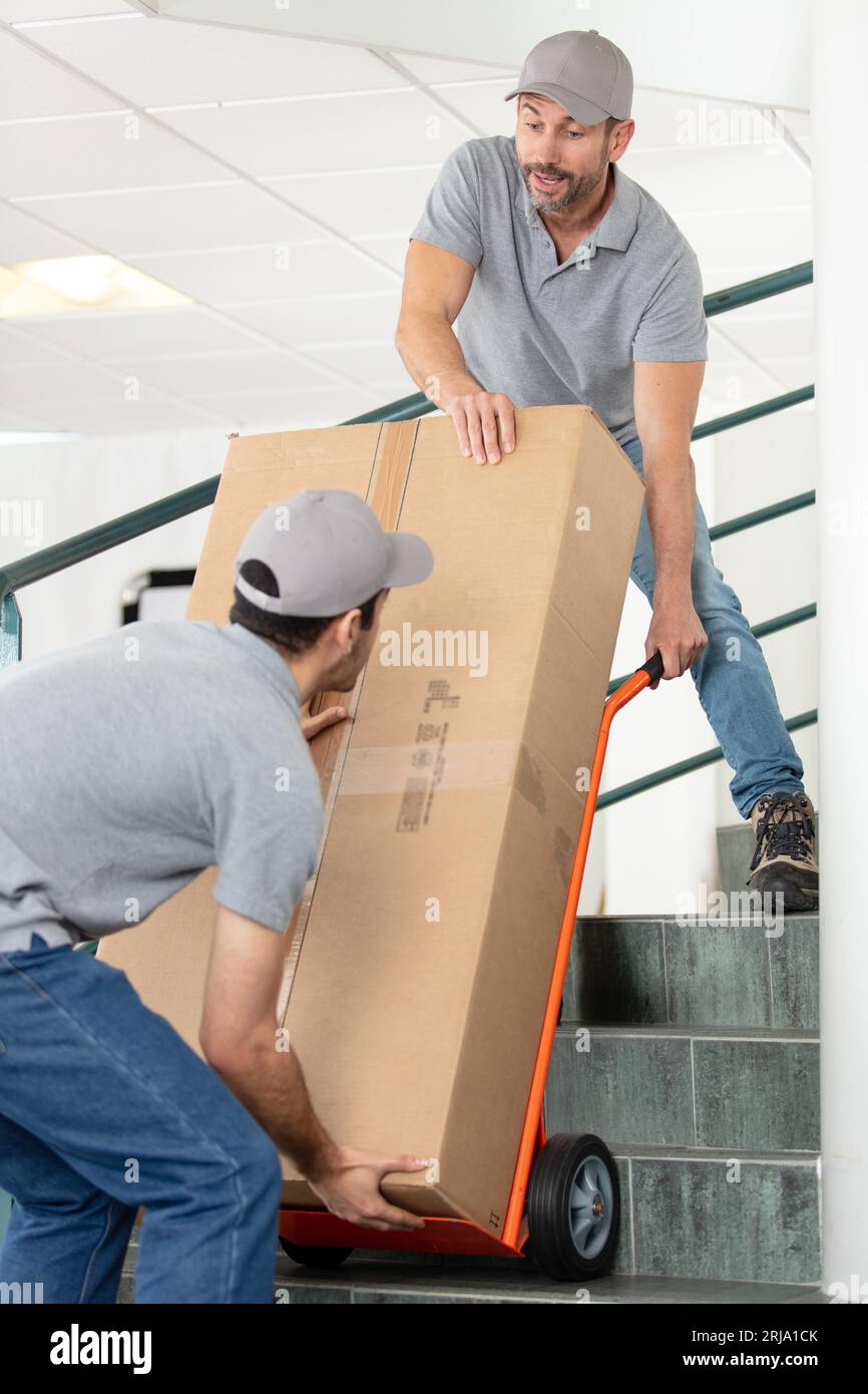 two male young movers carrying box climbing steps Stock Photo - Alamy