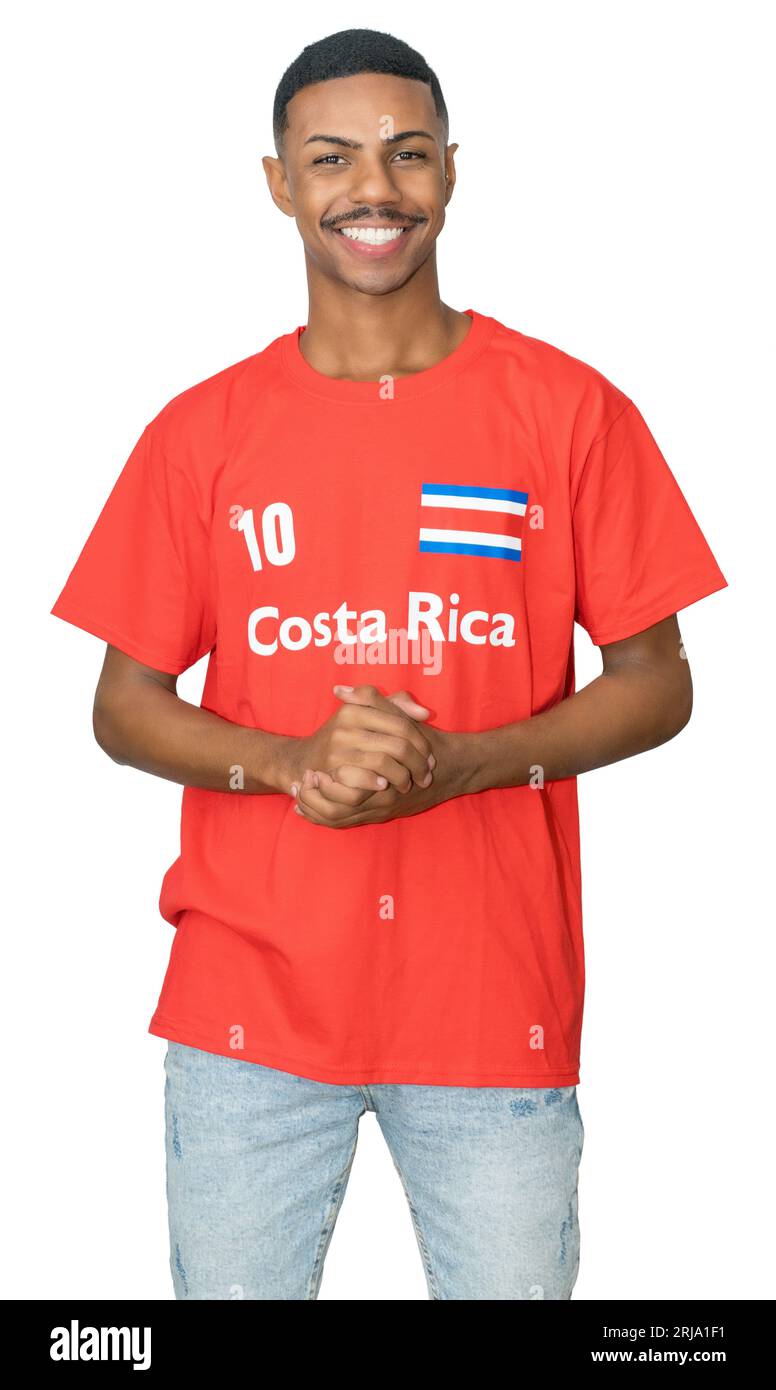 Laughing male football fan from Costa Rica with red jersey isolated on ...