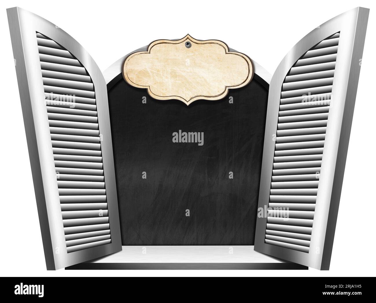 Grey metal window with open shutters and metallic sill, empty ...
